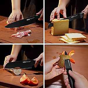 OOU Kitchen Knife Block Set - 8 Pieces High Carbon Stainless Steel Kitchen Knife Sets, Anti-Rust Black Knife Set with Universal Knife Holder