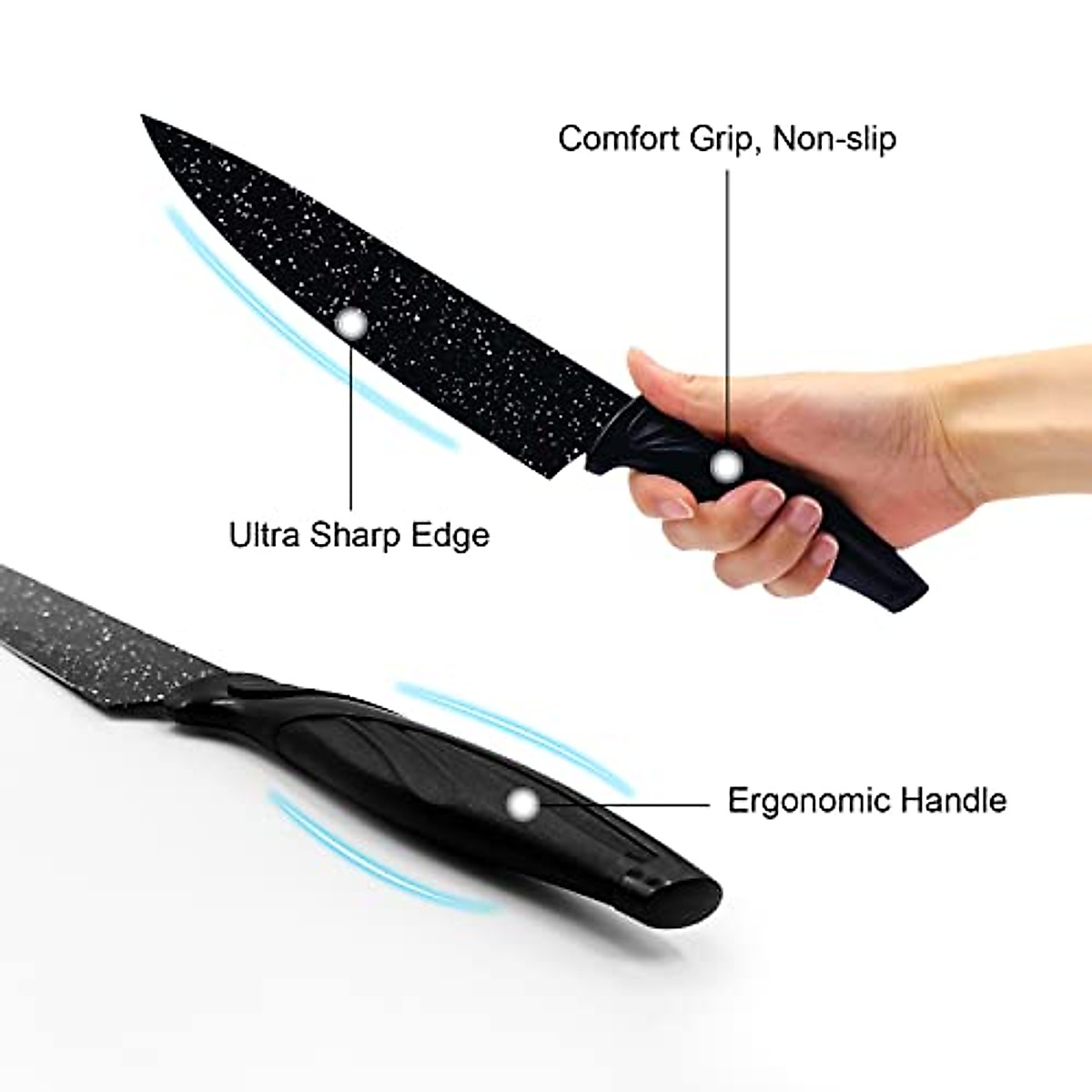 veluebay Kitchen Knife Set, Professional Stainless Steel Chef Knives with Ceramic Peeler and Gift Box, Black Cooking Knives for Slicing, Bread, Utility, Paring (6 Pcs)