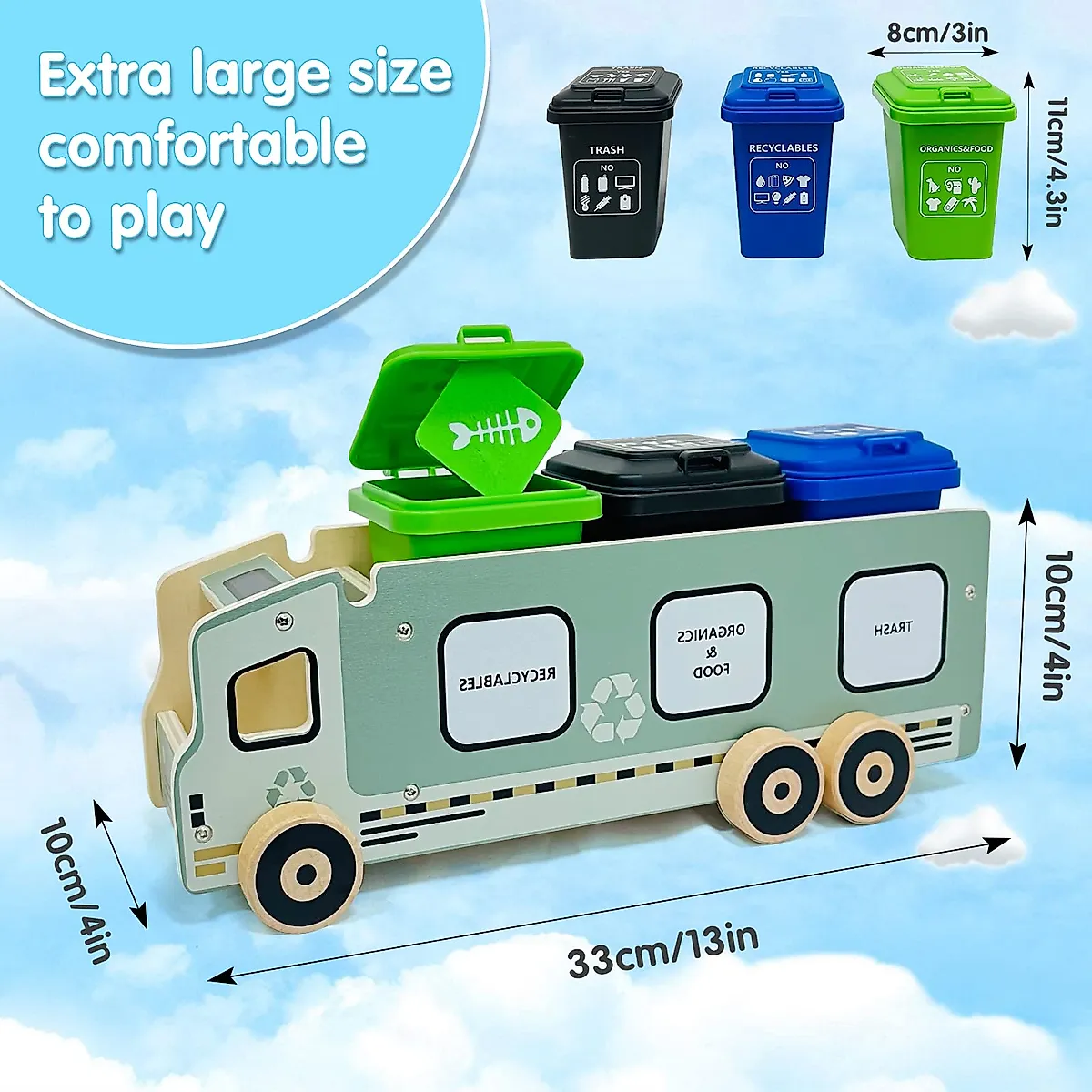 Tmgooyier Large Wooden Garbage Truck Toy for 4 5 6 7 Years Old Boys, Waste Management Recycling Trash Truck Toy Set with 3 Bucket Trash Cans Toy for Boys Girls Toddlers