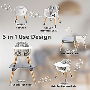 IKARE Wooden Baby High Chair W/Removable Tray & Safety Harness, 5-in-1 Kids Chair Table Set/Booster Seat/Infant Feeding Chair | Grows with Your Child | Adjustable Legs | Modern Wood Design (Gray)