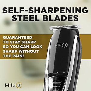 Milli-U Men's Waterproof Cordless Beard and Body Hair Trimmer, Self-Sharpening Steel Blades, 13 Multigroom Attachments, 1 Year Risk Free Guarantee