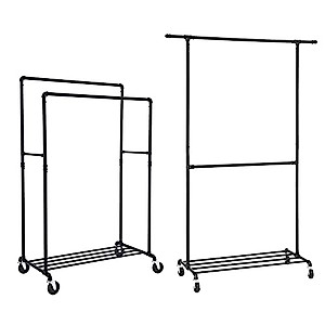 SONGMICS Double Clothes Rack and Heavy Duty Clothing Rack Bundle, Industrial Metal Pipe Garment Racks on Wheels with Shelves, Commercial Grade, Black UHSR60B and UHSR62BK