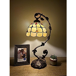 Enjoy Tiffany Style Table Lamp Gold Stained Glass Crystal Beans Iron Metal Leaves Bronze BaseIncluded LED Bulb Vintage for Living Room Dining Room Bedroom Bedside Office Hotel H21*W11 in