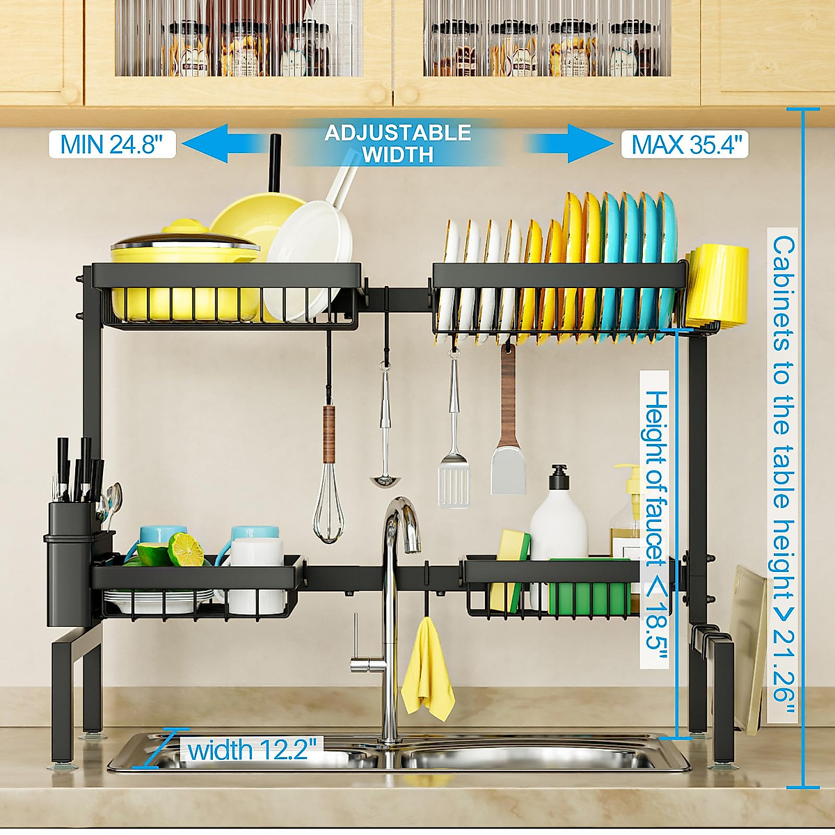 SNSLXH Four Baskets (one More Than Others) Large Sink Rack, 24.8"-35.4",Over The Sink Dish Drying Rack, Two-Tier Large Sink Rack for Kitchen, Retractable and Adjustable, Saving Kitchen Space