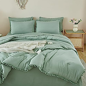 Litanika Queen Comforter Set Sage Green, Bed in a Bag 7 Pieces Pom Pom Fringe Comforter, Aesthetic Boho Bedding Set with Comforter, Sheet, Pillowcases & Shams