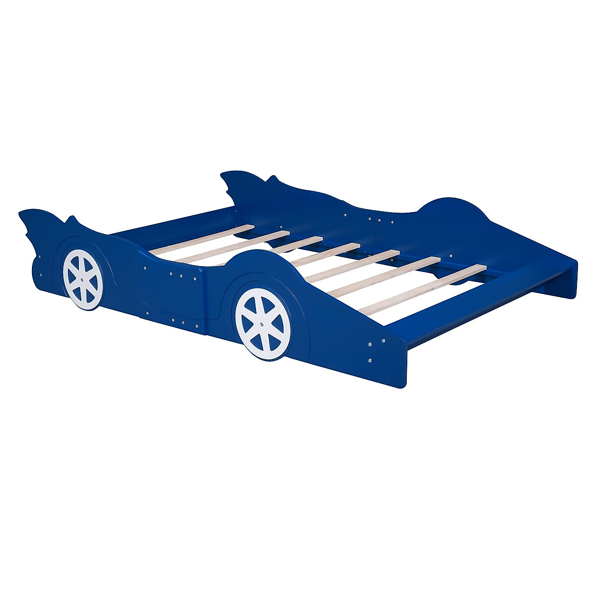 SOFTSEA Full Size Car-Shaped Platform Bed, Solid Wood Platform Bed with Wheels for Kids Boys Girls, No Box Spring Needed, Without Headboard, Blue
