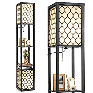 Tangkula Modern Shelf Floor Lamp, Freestanding Double Lamp w/ 2-Tier Wood Shelf & White Lampshade, E26 Bulb Base, Pull Chain & Foot Switch, Display Floor Light for Living Room Bedroom Office