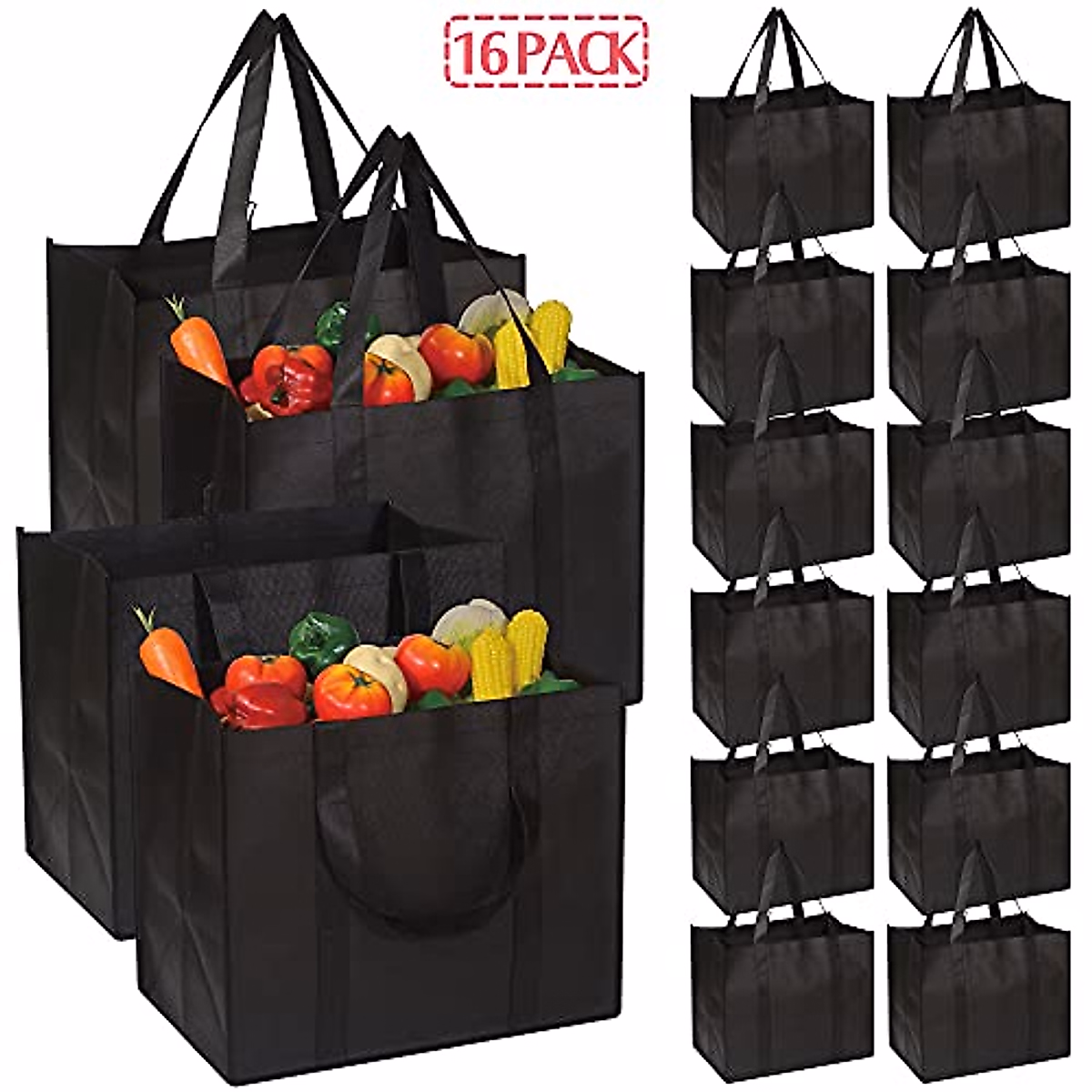 Set of 16 Reusable Grocery Bags Extra Large Super Strong Heavy Duty Shopping Tote Bags with Reinforced Handles