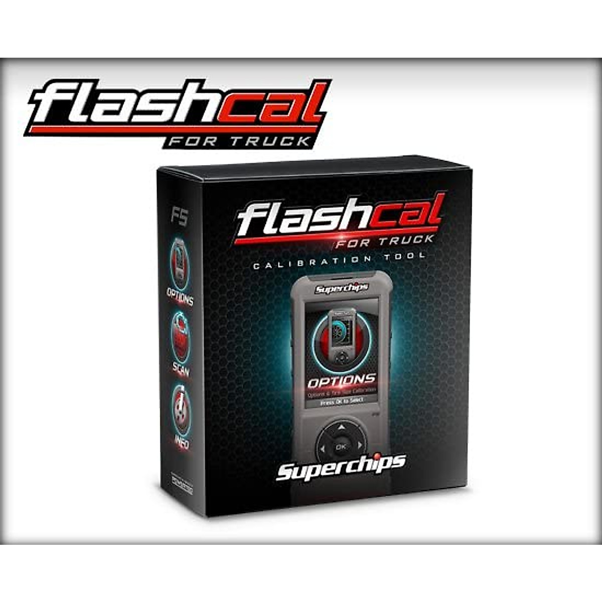 NEW SUPERCHIPS FLASHCAL F5 IN-CAB TUNER,GASOLINE,COMPATIBLE WITH 1999-2020 FORD F-SERIES GAS TRUCKS,1999-2018 FORD F-SERIES DIESEL TRUCKS & 2019 FORD F-150 3.0L POWER STROKE DIESEL ENGINES