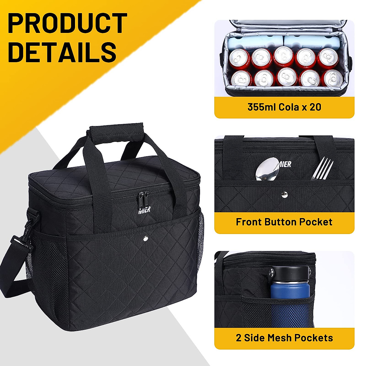 MIER 18L Large Soft Cooler Insulated Picnic Bag for Grocery, Camping, Car, Black