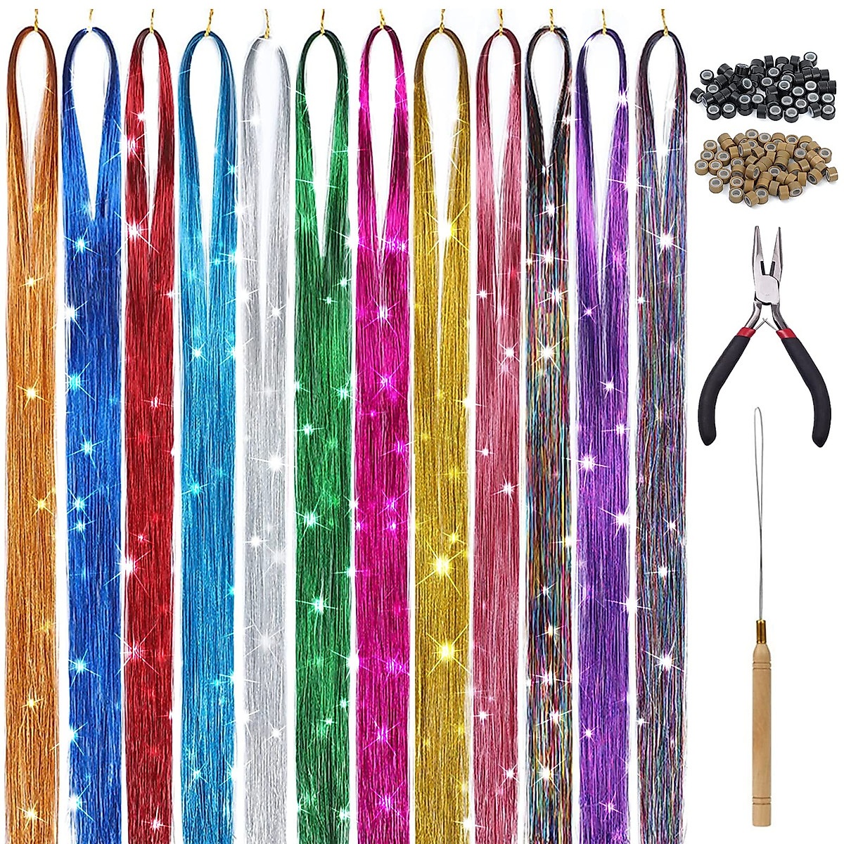 Hair Tinsel Kit Fairy Hair Tinsel Strands With Tools 47 Inches 12Colors 3600 Strands Glitter Sparkling Shiny Hair Extensions Heat Resistant Colorful Rainbow Holographic Hair Accessories for Christmas New Year or Cosplay Party