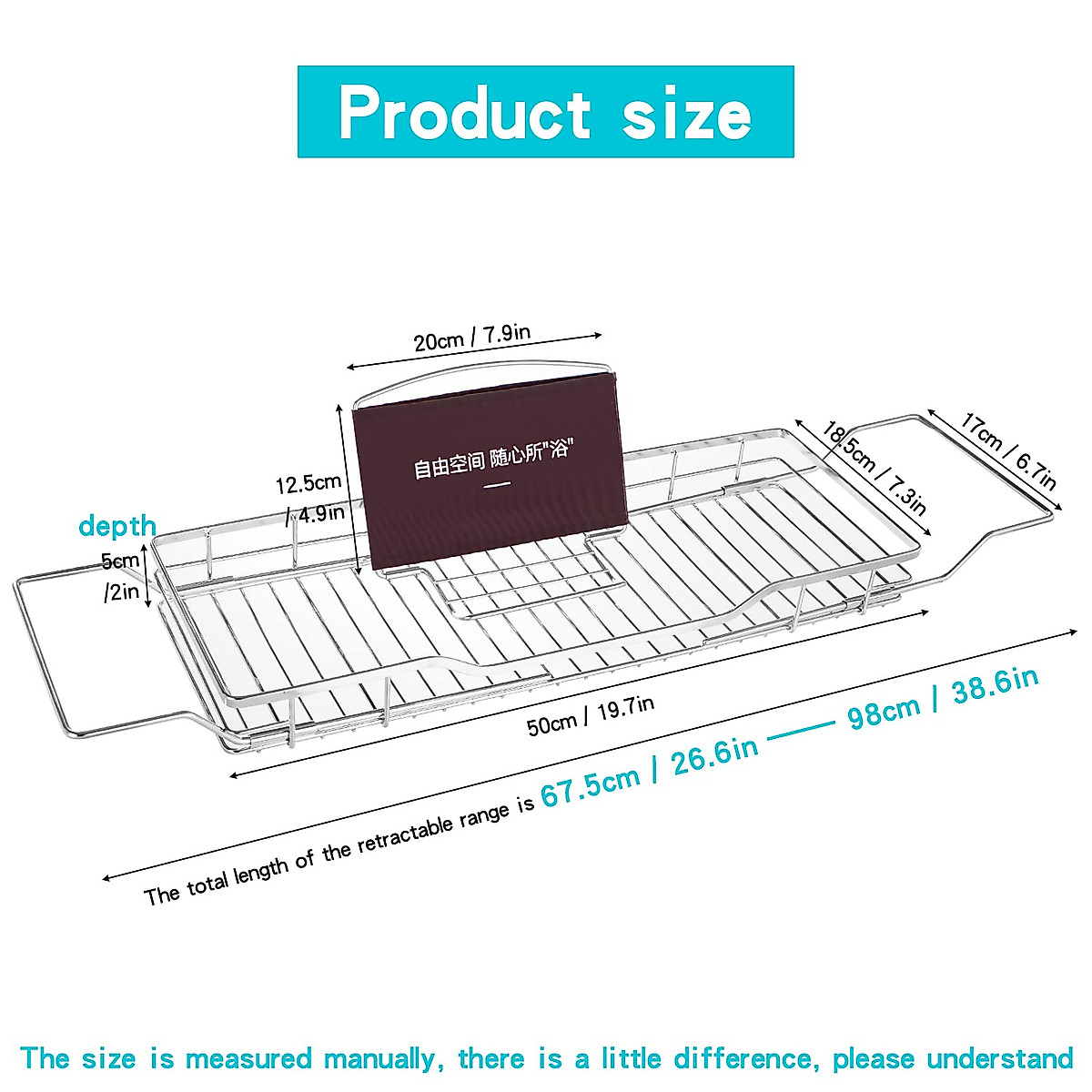 YQh Adjustable Tub Rack, 304 Stainless Steel Bathroom Tray, Multi-Function Tub Organizer with Adjustable Reading Rack, for Tablet or Cell Phone
