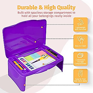 Purple Folding Lap Desk - Foldable Table for Work, Study, Gaming, Arts, Crafts, School - Collapsible Laptop Tray with Storage Compartment - Portable Writing Station for Kids, Adults