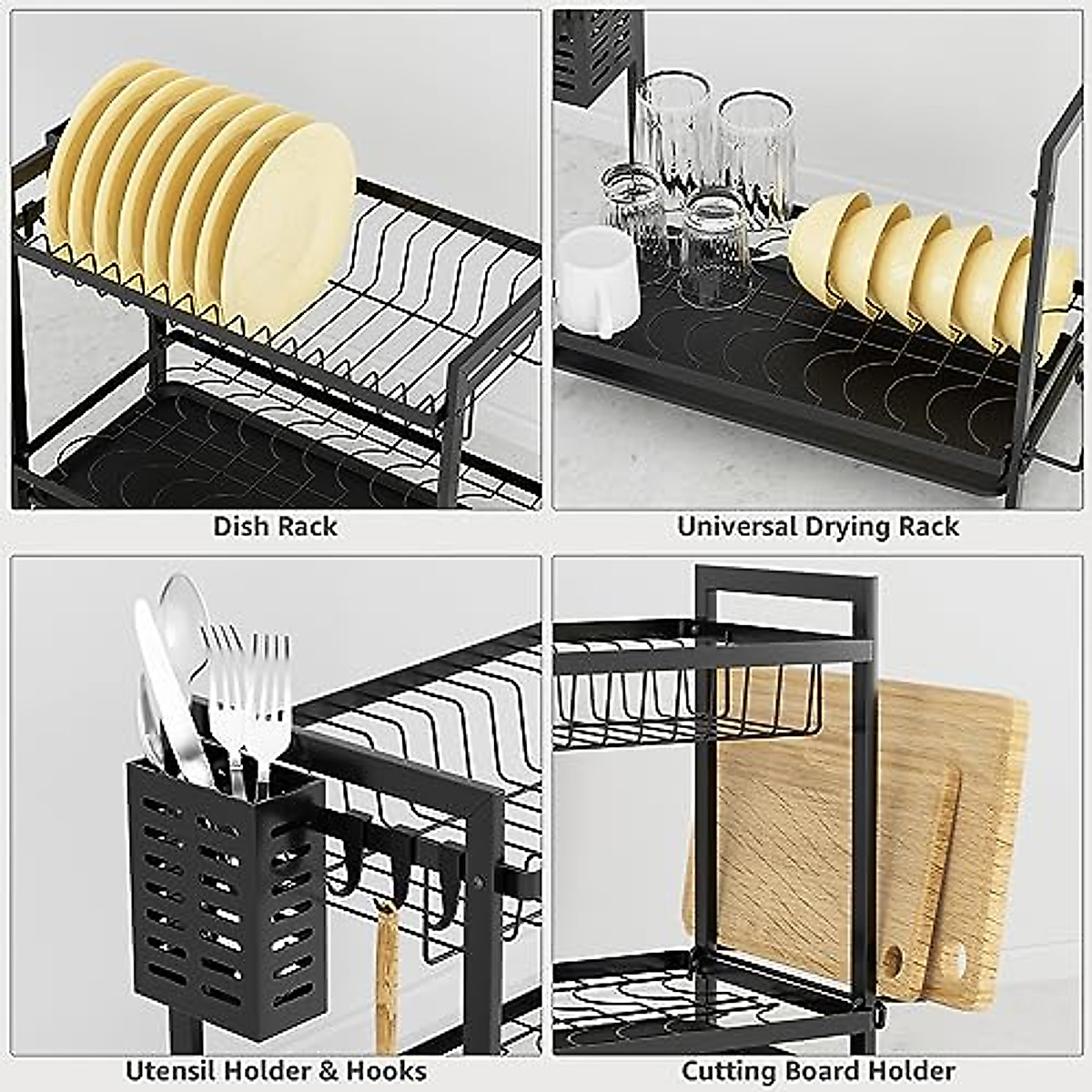 Esusom Dish Drying Rack Compact Drainer 2-Tier Dryer Rack for Small Spaces Dorm Apartment Kitchen Counter Dish Strainers Set with Drainboard Tray Utility Hooks Cutting Board & Utensil Holder