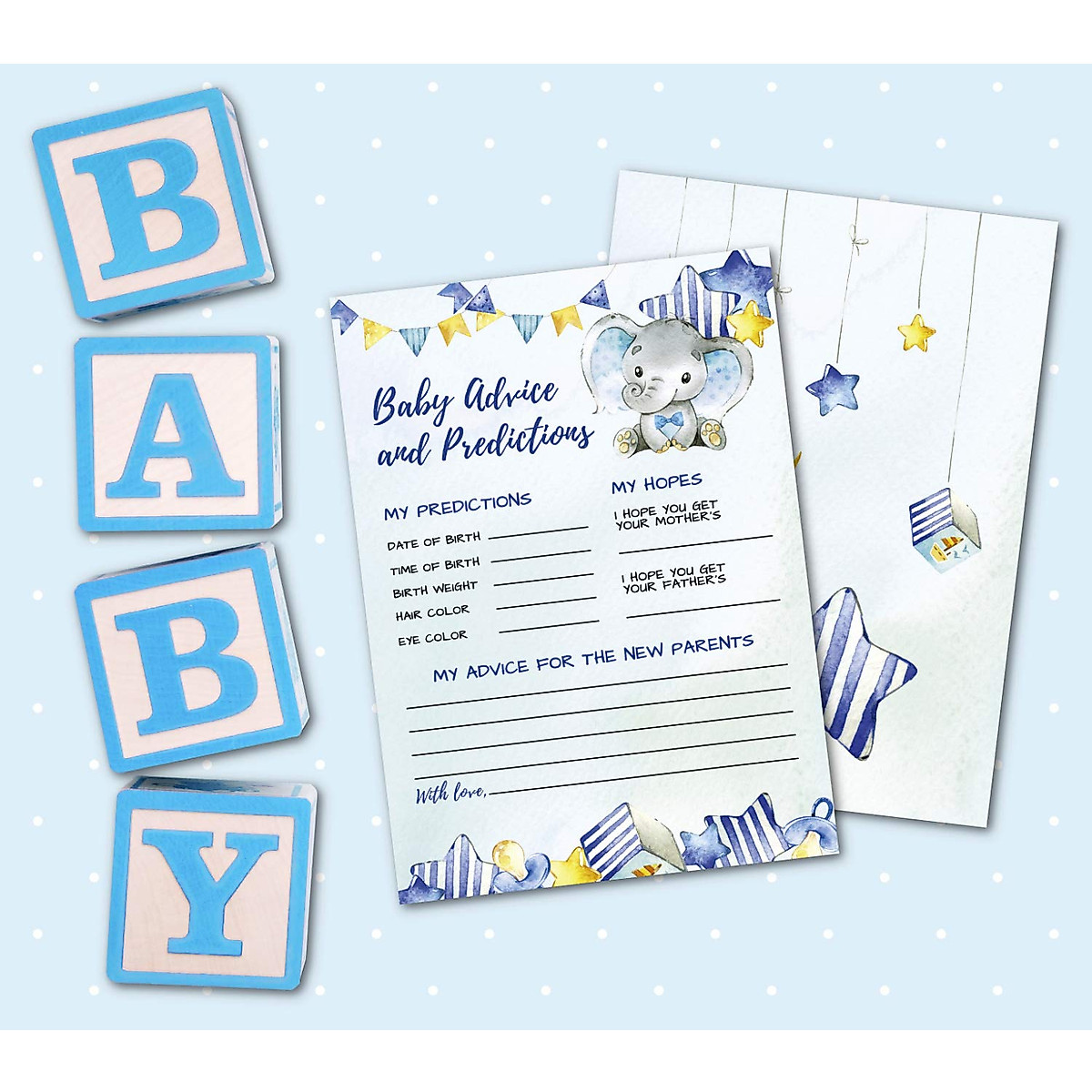 50 Deluxe Blue Elephant Advice and Prediction Cards- Large Double Sided 5 x 7 Inch for Baby Boy Shower Game, New Parent Message Book, Mom & Dad to Be, Decorations Activities Supplies Invitations