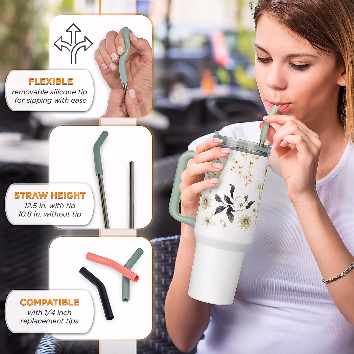 Christian Art Gifts Extra Large Stainless Steel Double Wall Vacuum Insulated Travel Tumbler for Women: Be Still Inspirational Scripture, Lid, Reusable Straw, Wide Handle, White & Teal Floral, 40 oz.