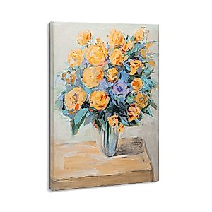 ArtbyHannah 20x28 inch Rose Flowers Oil Paintings on Canvas, Hand Painted Textured Orange Floral Artwork for Wall Art Decor