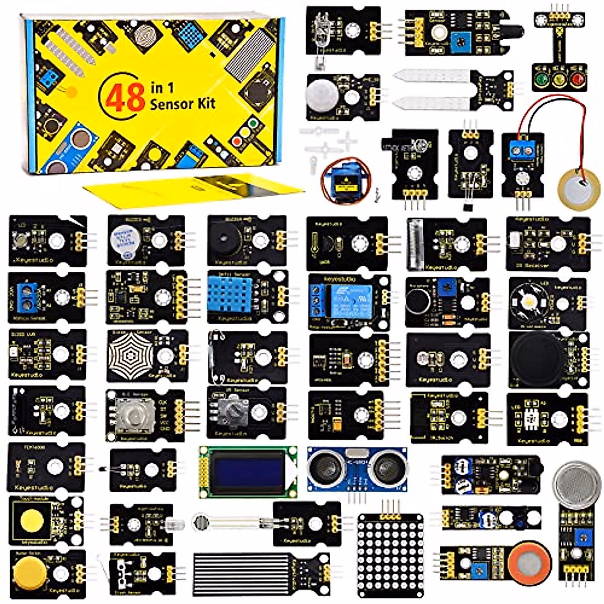 KEYESTUDIO 48 Sensors Modules Starter Kit for Arduino with LCD, 5v Relay, Sound, LED Modules, Servo Motor, Motion, Pressure Sensor, Gas Sensor, etc.Programming for Beginners Adults Learning
