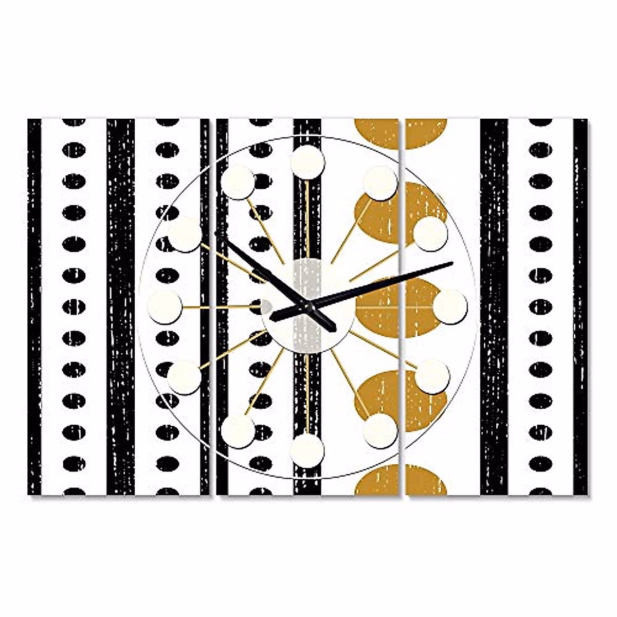 Retro Geometrical Abstract Minimal Pattern VII' Oversized Mid-Century Wall Clock - 3 Panels Black Mid-Century Modern Contemporary Aluminum Steel Finish Battery Included
