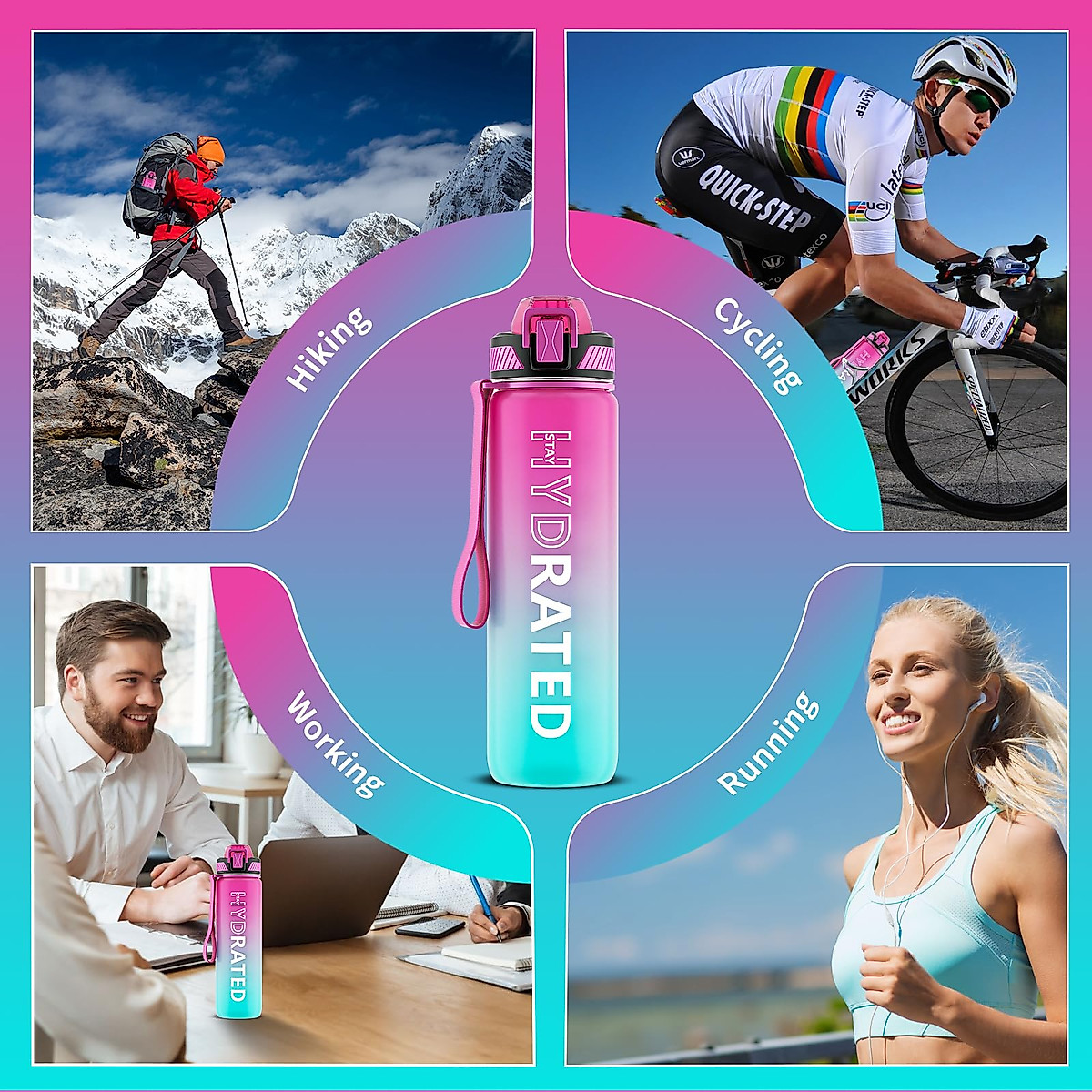 QLUR Water Bottle with Straw, 32 oz Motivational Water Bottles with Time Marker to Drink, Tritan BPA Free, 1L Sports Water Bottle with Carry Strap LeakProof for Women Gym Fitness Outdoor (1 Pack)