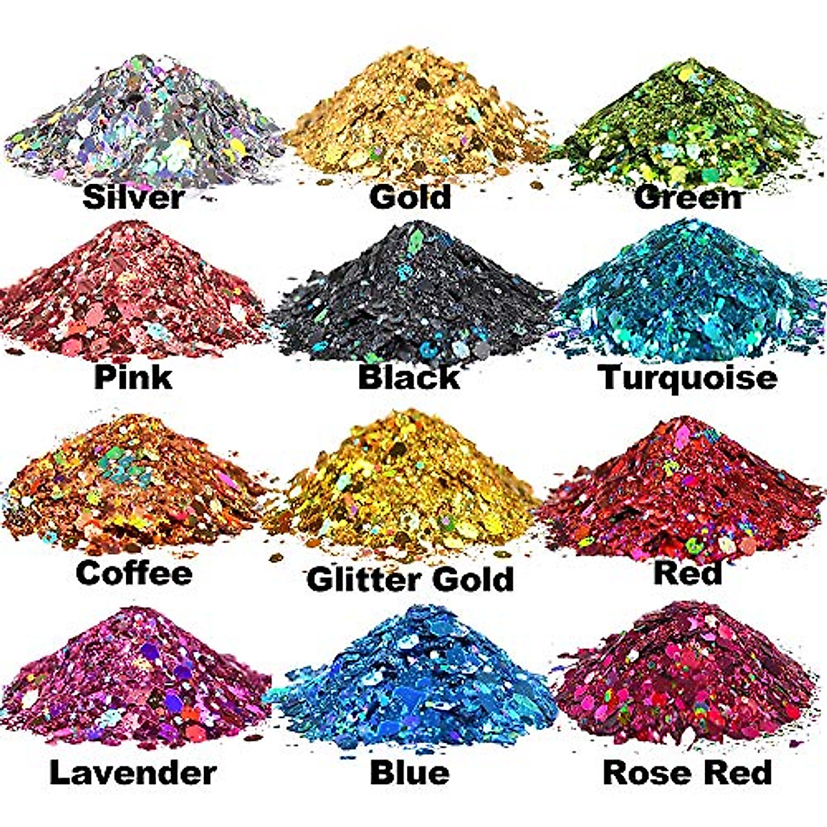 HEMOER Holographic Chunky Glitter, 12 Colors Chunky Glitter Sparkle Sequins, Cosmetic Craft Glitter Set for Epoxy Resin, Body, Face, Nail, Slime, Wedding Festival Party Decoration - 0.42oz Each Bottle