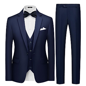 MAGE MALE Mens 3 Piece Suits Slim Fit Tuxedo Suit Set Soild Prom Wedding Suits One Button Blazer Vest Pants Set with Bow Tie Navy Blue