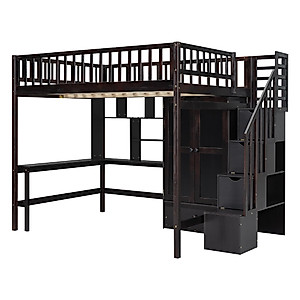 Full Size Loft Bed with Desk, Wardrobe, High Loft Bed Frame with Storage Staircases, Drawer Solid Wood Loft Beds for Kids, Boys and Girls,Teens, No Box Spring Needed (Espresso)