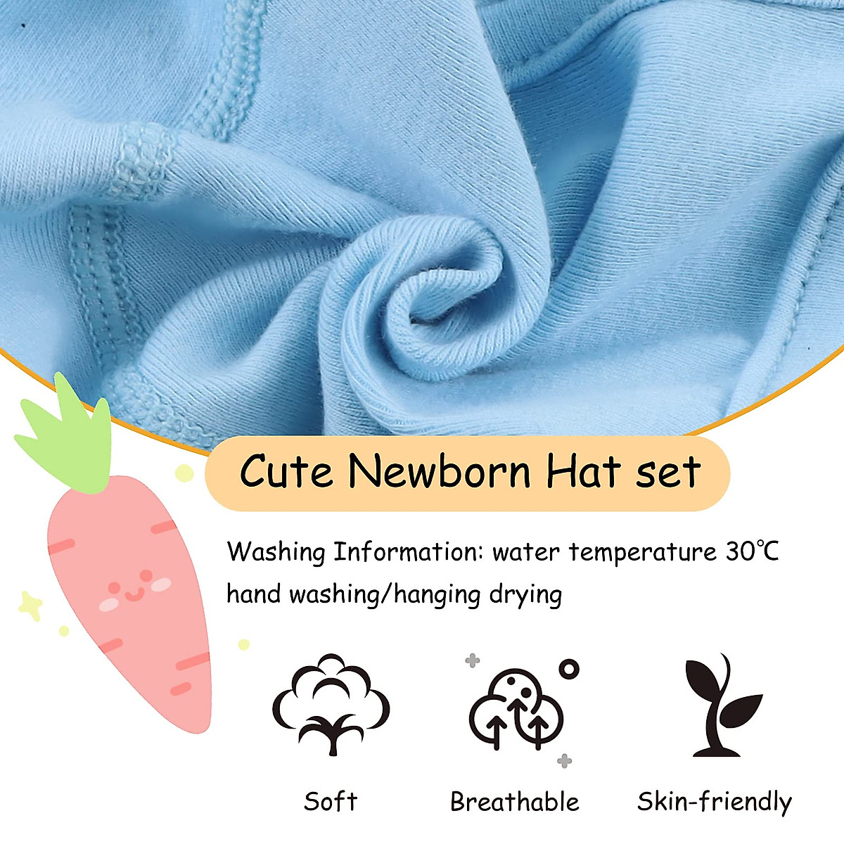 JANGANNSA Newborn Baby Hospital Hat Infant Set Head Cap Lovely Ears Belt Beanie 0-6Months (Blue+Gray+White,0-6Months)
