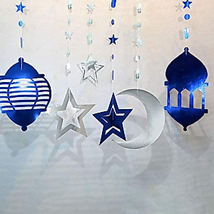 Islamic Silver Blue Star Crescent Moon Lantern Ramadan Garland EID Decoration Home Happy Ramadan Mubarak Party Decor Hanging Streamer Wedding Backdrop Banner Aladdin Birthday Party Supplies
