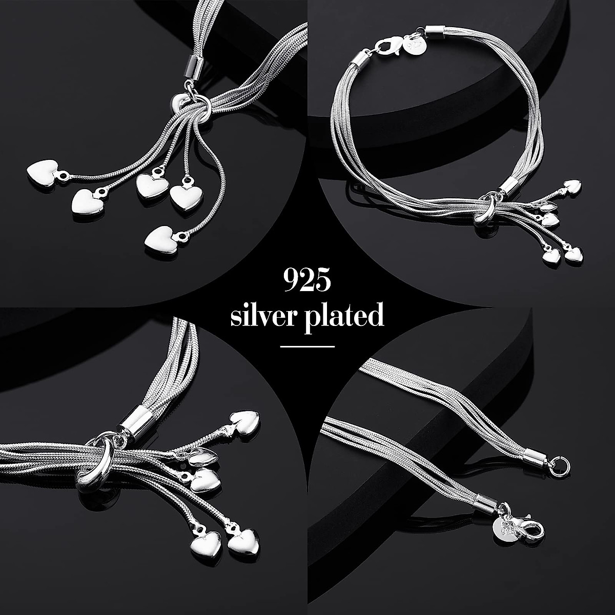 MTLEE 2 Pieces Five-line Chain with Five-heart Link Bracelet Bangle Italian Five-line Chain Necklace Link for Women Christmas Gift(Silver)