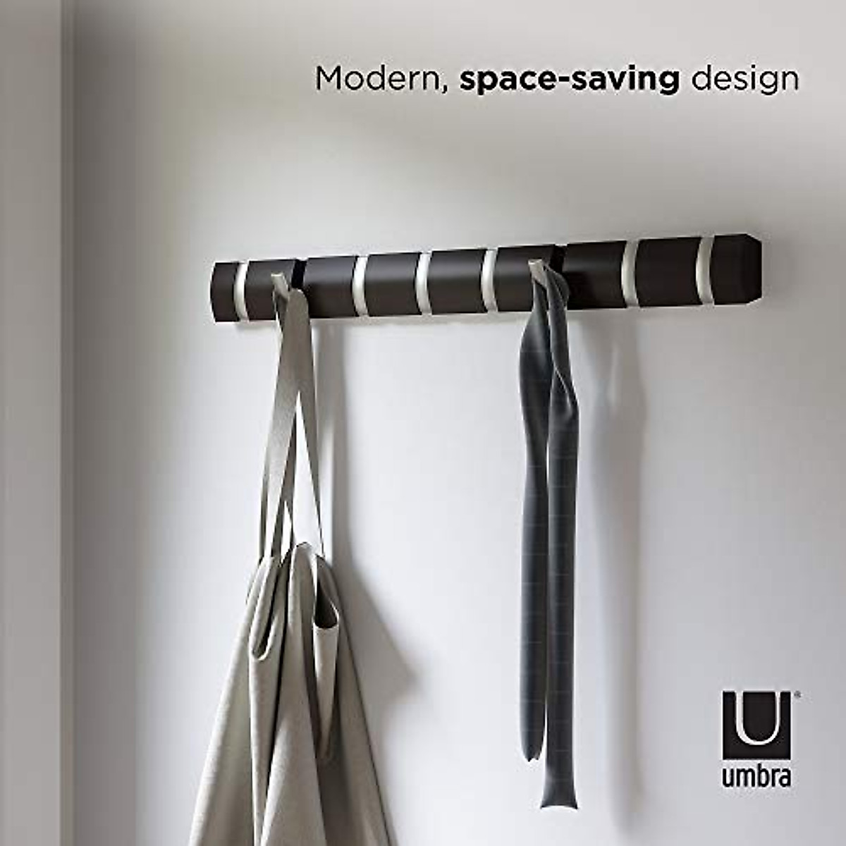 Umbra Flip Wall Mounted Floating Rack – Modern, Sleek, Space-Saving Hanger with Retractable Hooks to Hang Coats, Scarves, Purses and More, 8, Espresso