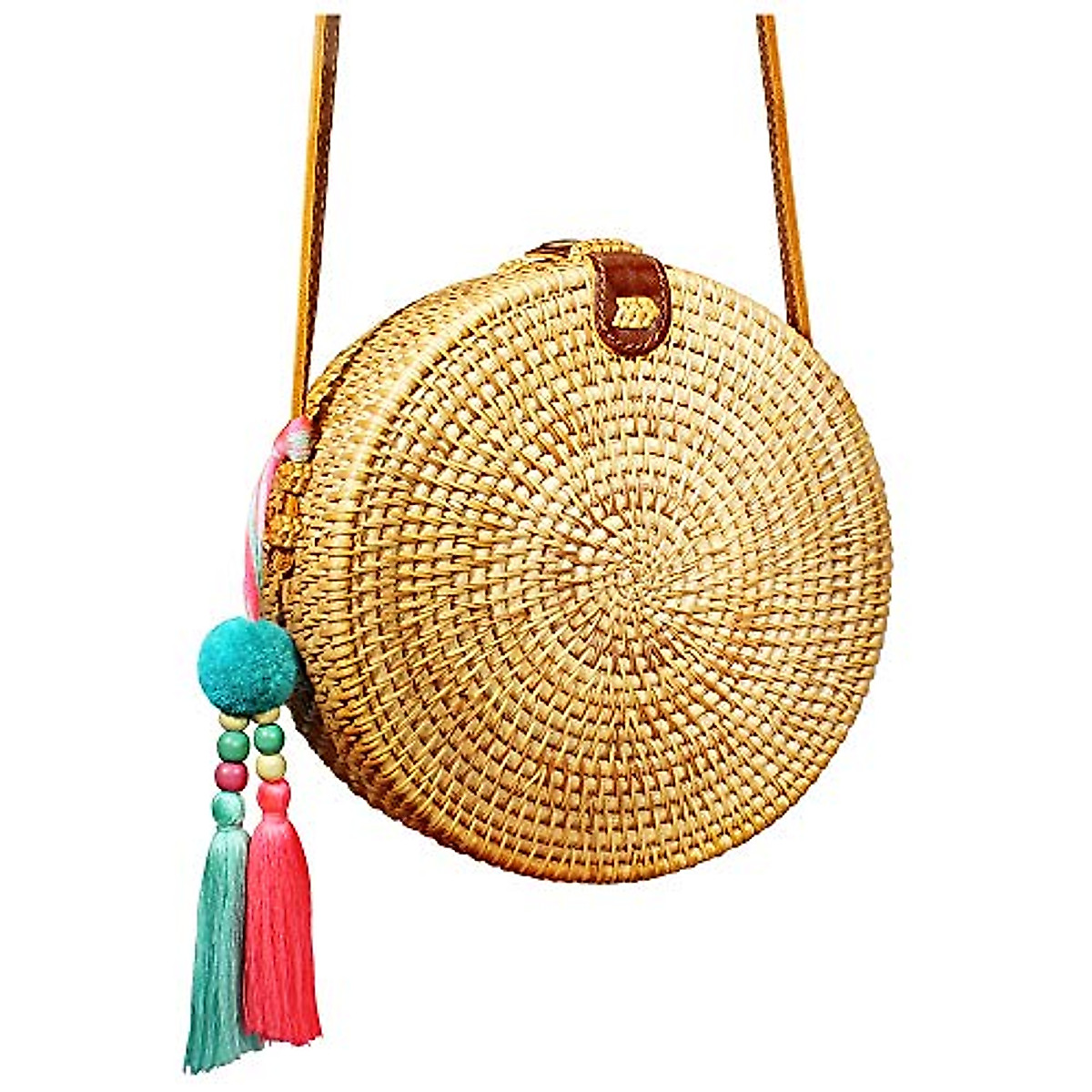 Handwoven Round Rattan Bag, Leather Shoulder Strap, Two Pocket Boho Bali Wicker Crossbody Handbag
