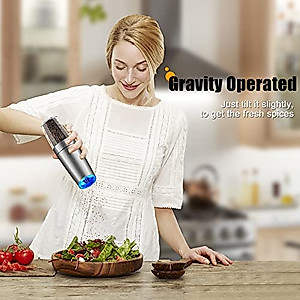 Enutogo Electric Salt and Pepper Grinder Set, Gravity Automatic Mill Salt and Pepper with Adjustable Coarseness, Battery Powered with LED Light, One Hand Operation, Stainless Steel