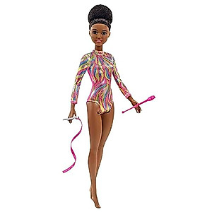 Barbie Rhythmic Gymnast Brunette Doll (12-in) with Colorful Metallic Leotard, 2 Clubs & Ribbon Accessory, Great Gift for Ages 3 Years Old & Up