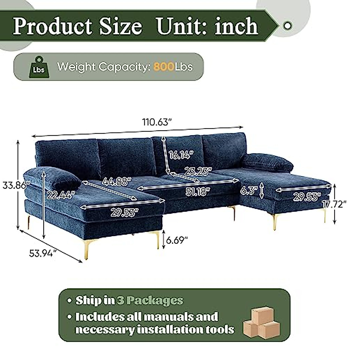 U-Shaped Sectional Sofa Comfy Couch for Living Room Set, 110 inches Wide Modern Large 4-Seat Couch Convertible Soft Velvet Couch Set with Double Chaise Lounge (Navy Blue, Chenille Fabric)