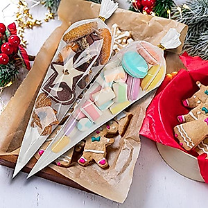 LOMIMOS 6X12in Clear Triangle Cellophane Bag,Cone Shaped Treat Cello Goody Bag with Twist Ties for Handmade Bakery Popcorn Cookie Dessert,100pcs