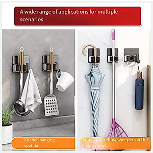 3-pack punch-free stainless steel broom and mop multifunctional rack hooks - self-adhesive and no drilling required - universal for kitchen, bathroom and garden (silver)