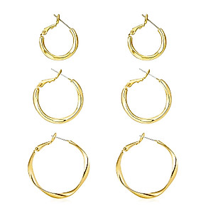 Hoop Earring Set: Thick Gold Oval Teardrop Sensitive Ear Jewelry Pack for Women Fashion Chunky Trendy Simple