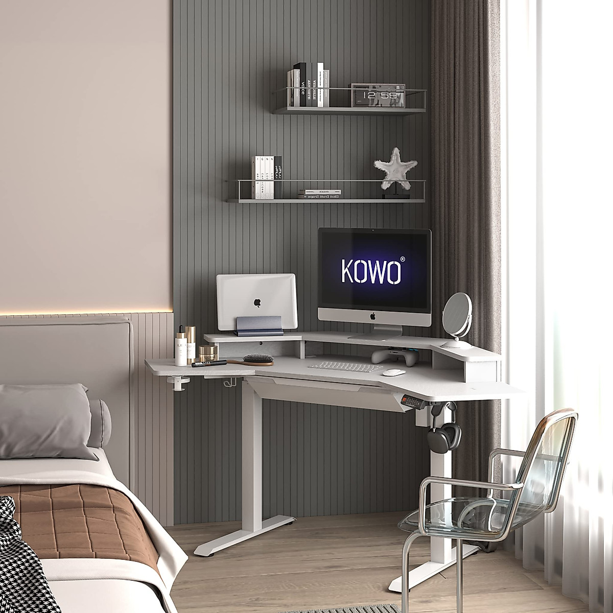 kowo L Shaped Height Adjustable Electric Standing Desk with USB C Hub & Wireless Charger, Sit Stand Corner Desk, Memory Settings, Stand Up Computer Desk Adjustable Table, White