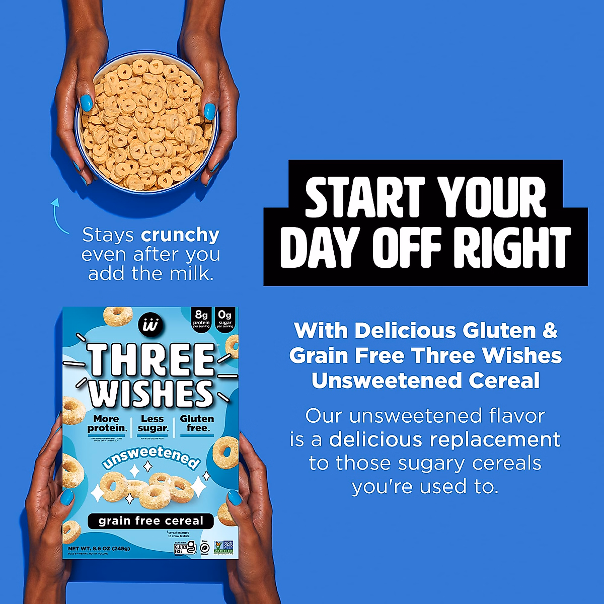 Plant-Based and Vegan Breakfast Cereal by Three Wishes - Unsweetened, 6 Pack - More Protein and Less Sugar Snack - Gluten-Free, Grain-Free - Non-GMO