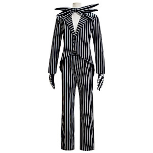 Powumie Adult Jack Skellington Halloween Costume Men’s Cosplay Jacket Pants Suits Uniform Black (Large, Adult-Black)