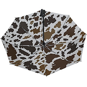 Vdsrup Cowhide Cow Print Auto Umbrella Open Close Brown Animals Print Anti UV Umbrella Compact Windproof Parasol Umbrellas for Travel Car School Sun Rain