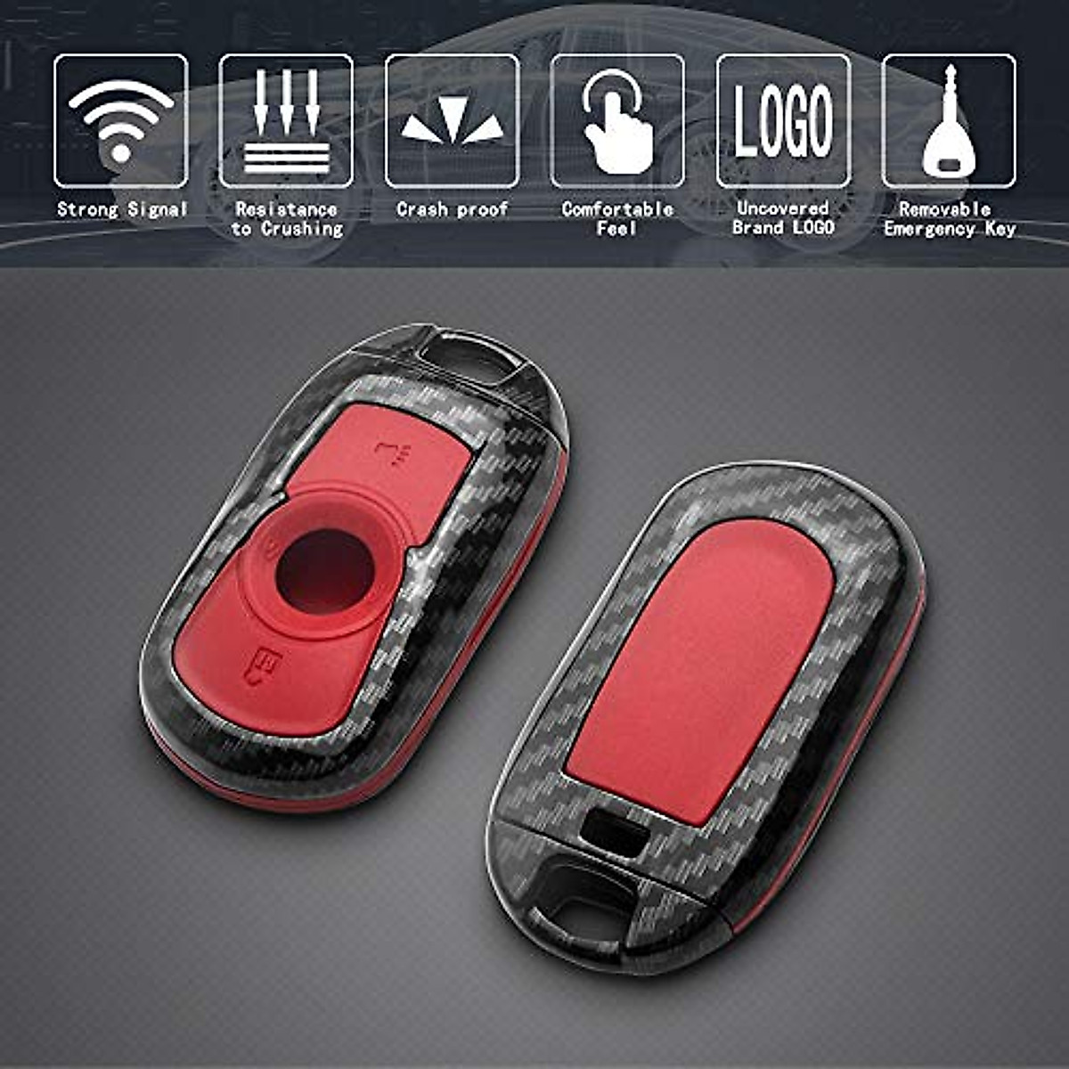 TANGSEN Smart Key Fob Case Compatible with Buick Encore Regal Sportback 4 Button Keyless Entry Remote Personalized Protective Cover Plastic Black Carbon Fiber Pattern Red Silicone