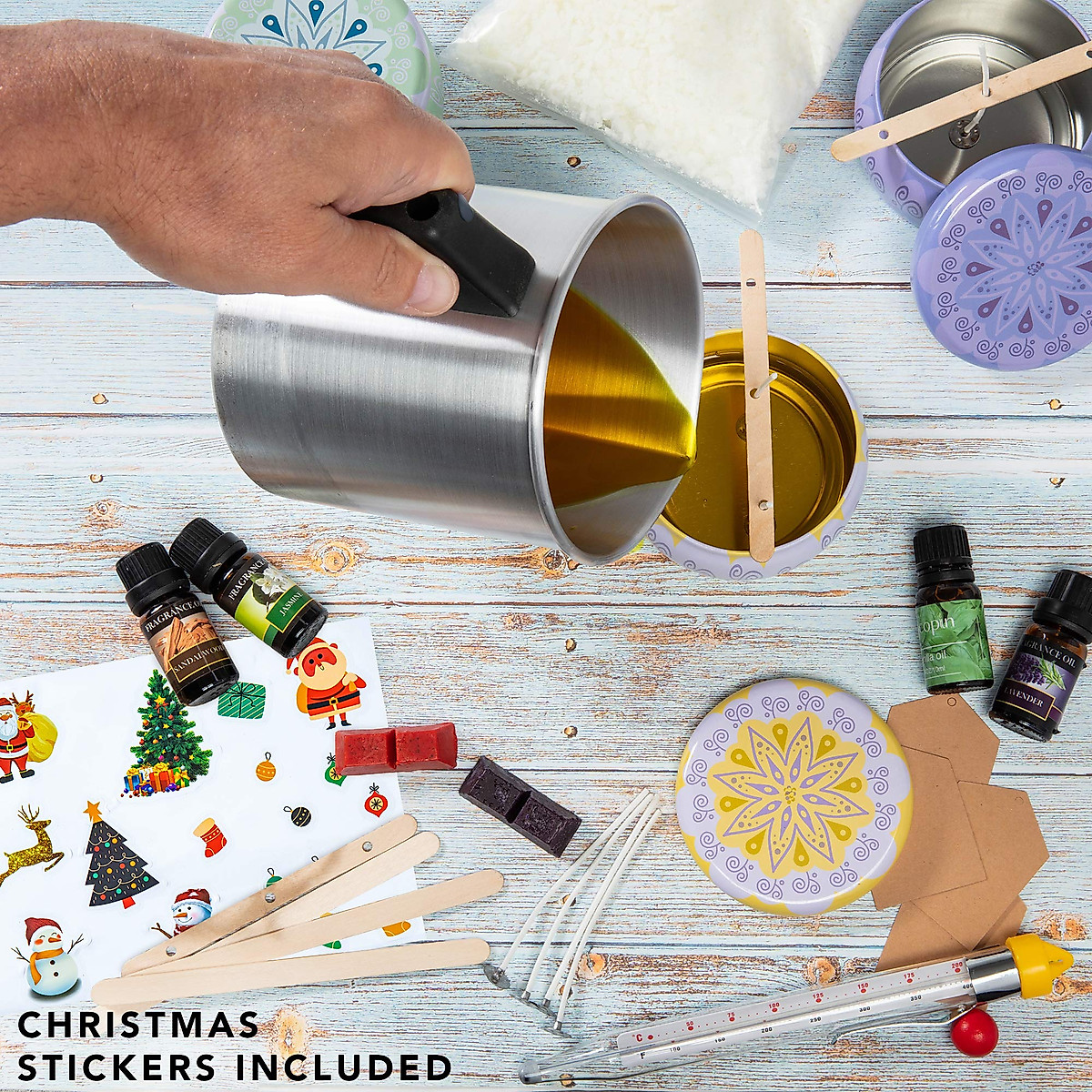 SkyMall Candle Making Kit, DIY Set for Making Candles with Melting Pot, 4 Large Metal Tins, [4] 8oz Soy Wax Bags, 6 Color Dye Blocks, 4 Fragrance Oils, Wicks, Thermometer, Bonus Holiday Stickers