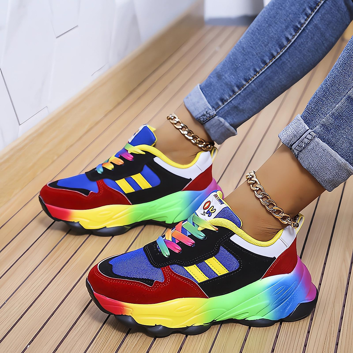 MEWALI Women Colorful Walking Sneakers Lace Up Non-Slip Heighten Orthopedic Arch Platform Thick Sole Chunky Workout Shoes