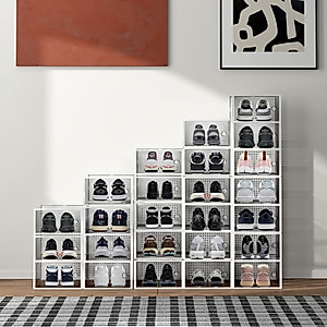 Hourleey 12 Pack Shoe Storage Box, Clear Plastic Stackable Shoe Organizer for Closet, Space Saving Foldable Shoe Rack Sneaker Containers Holders with Lids