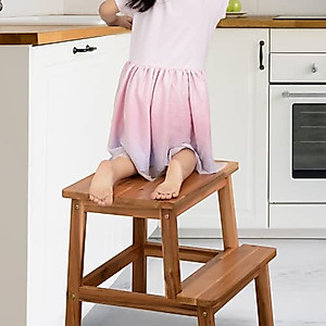 Wooden 2 Step Stool for Children Adults, Multifunctional Large Kitchen Step Helper for Toilet Bathroom Bedroom, Stepping Standing 2-Step Ladder, 16.9" D x 15.4" W x 19.6" H, Easy to Assemble, Natural