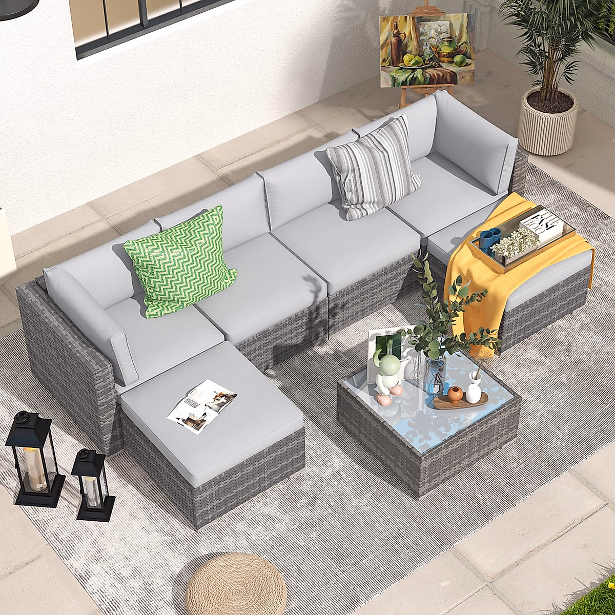 Patiorama 7 Piece Outdoor Furniture, All Weather Grey Wicker Sectional Sofa Set with Corner Sofa Chair Ottoman Table, Light Grey