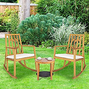 Tangkula Acacia Wood Patio Rocking Chair, Outdoor Porch Rocker W/Removable High-Density Cushion, All-Weather Resistance, Balanced Rocking Base, Perfect for Garden, Backyard, Poolside (1, White)