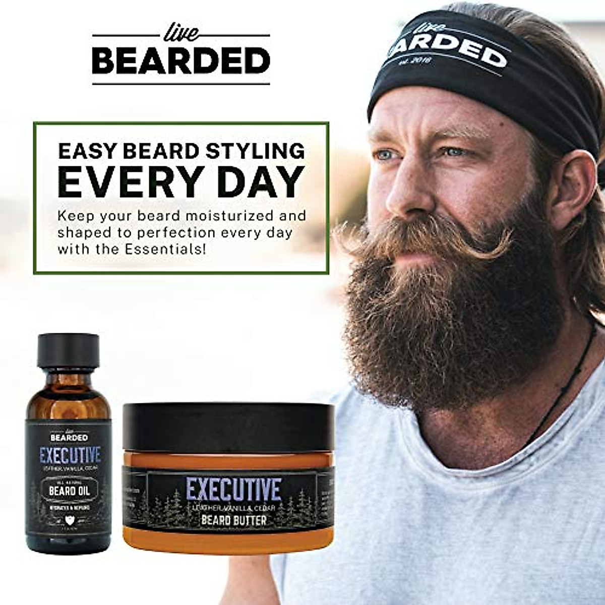 Live Bearded: Beard Oil and Beard Butter Grooming Kit - Straight Up - All-Natural Ingredients with Shea Butter, Argan Oil, Jojoba Oil and More - Beard Growth Support - Made in the USA